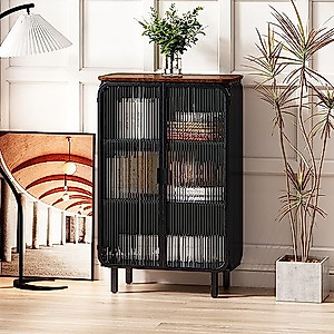 Voohek Modern 2 Fluted Tempered Glass Doors, Featuring Three-Tier, Unique Fir Top, for Living, Dining Room, Black+Brown Storage Cabinet