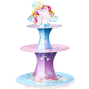 Nuenen 3 Tier Unicorn Cupcake Stand Watercolor Unicorn Cardboard Cupcake Holder Pink Girl Party Dessert Tower Rainbow Treat Stand for Kids Unicorn Birthday Decor Baby Shower Family Gathering Supplies