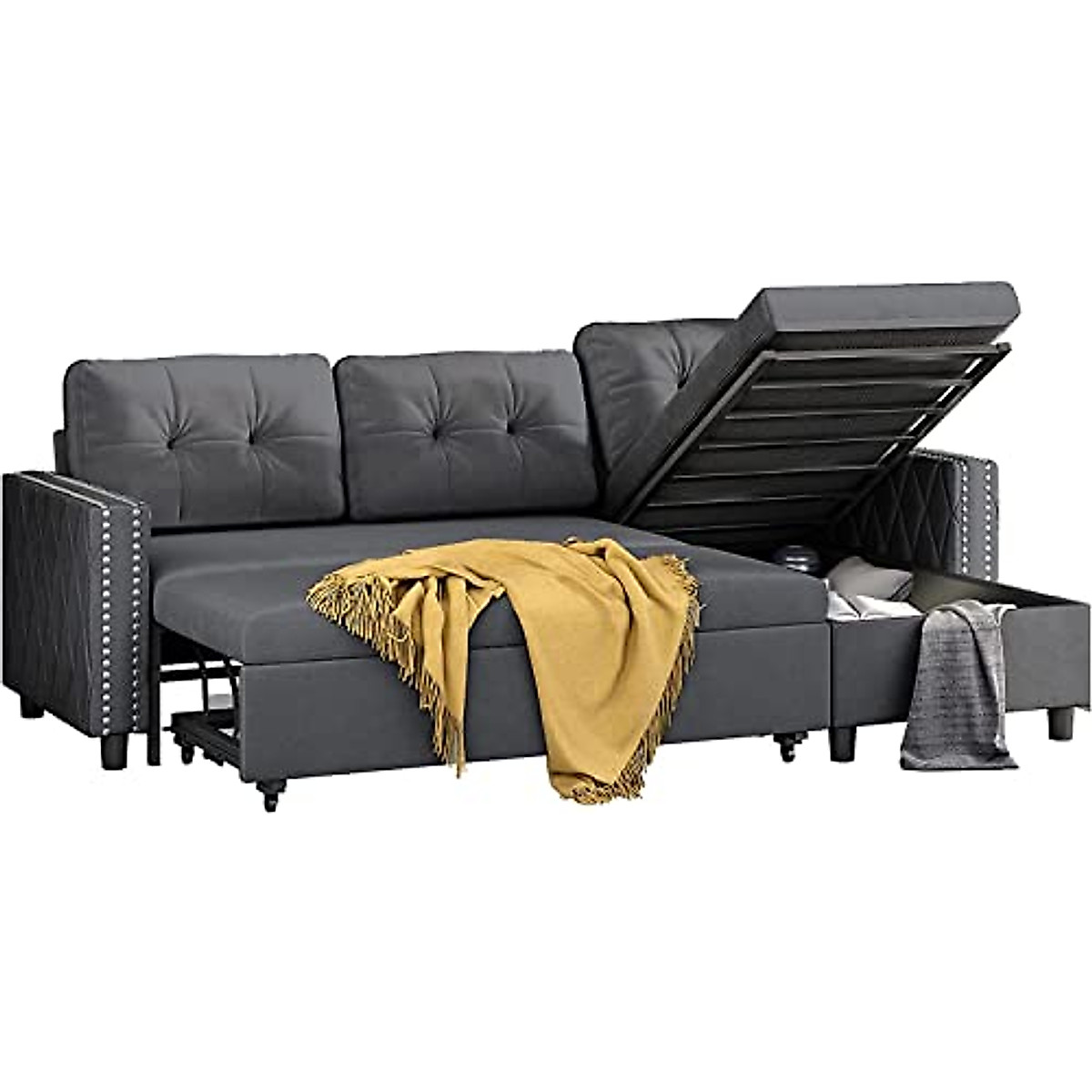 MUZZ Pull Out Sleeper Sofa with Storage, Reversible Pull Out Sofa Couch, L-Shaped Sectional Sofa with Chaise and Pocket, Ideal for Living Room, Apartment and Office (Dark Grey)