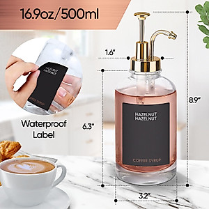 Set of 2 Coffee Syrup Dispensers for Coffee Bar - 16.9oz Glass Bottles with Gold Pumps and Labels, BPA Free & Durable, Ideal for Cinnamon, Vanilla, Caramel, and More Coffee Accessories
