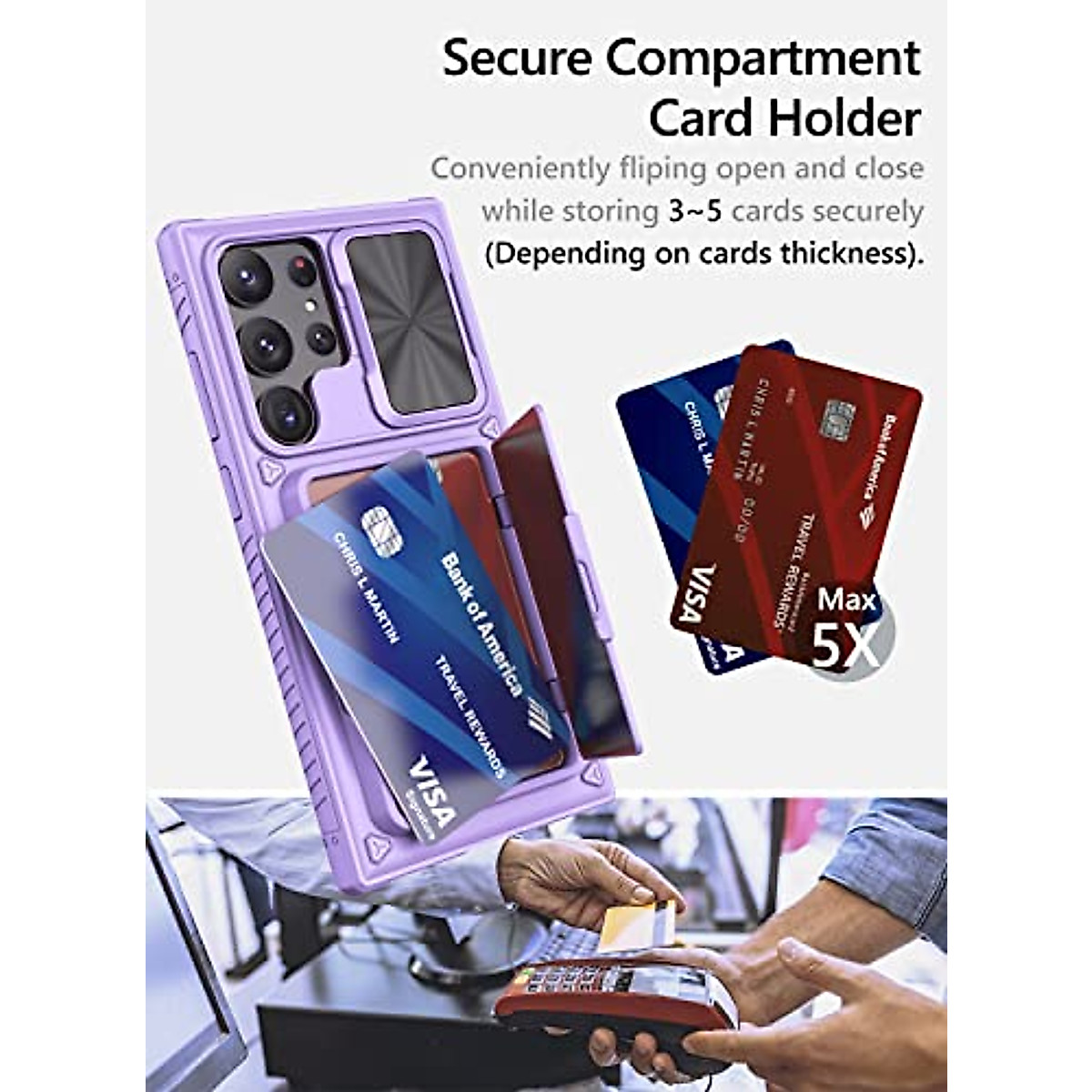 Vihibii Wallet Phone Case for Samsung Galaxy S23 Ultra 5G with Slide Camera Protection Cover, Built-in Card Holder (4 Cards) & Kickstand, Shockproof Rugged 6.8" 2023, Purple