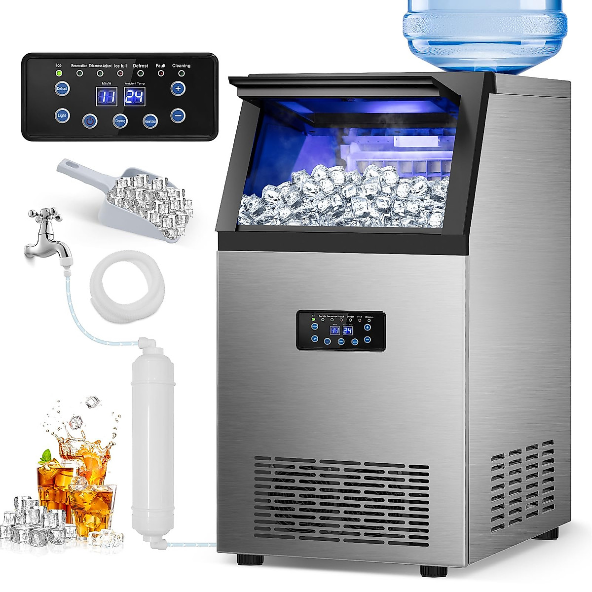 RAPSUAR Commercial Ice Maker Machine, 120Lbs/24H with 30Lbs Storage Bin, 40Pcs Ice Cubes 6Mins, 2-Way Add Water Under Counter Freestanding Ice Maker Commercial for Home Bar Office