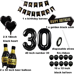 30th Birthday Decorations for Women & Men, All-Black 30th Birthday Decor, Party Decorations Large Number 30 Balloons