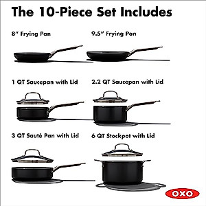 OXO Agility Series 10 Piece Cookware Pots and Pans Set, Ceramic Nonstick PFAS-Free, Induction Suitable, Quick Even Heating, Stainless Steel Handles, Chip-Free Rims Dishwasher and Oven Safe Black