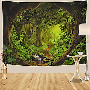 Tushelia Forest Tapestry Nature Tree Cave Tapestry Wall Hanging Misty Forest Tapestry Stream Through Rainforest Tapestry Landscape Wall Tapestry Jungle Creek Psychedelic Tapestry for Living Room