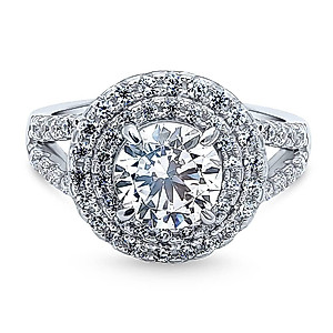 BERRICLE Sterling Silver Halo Wedding Engagement Rings Round Cubic Zirconia CZ Statement Cocktail Split Shank Ring for Women, Rhodium Plated Size 7.5