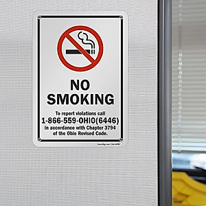 SmartSign 10 x 7 inch “No Smoking - to Report Violations Call 1-866-559-Ohio(6446) in Accordance with Chapter 3794” Ohio State Sign, Digital Printing, 55 mil HDPE Plastic, Red, Black and White