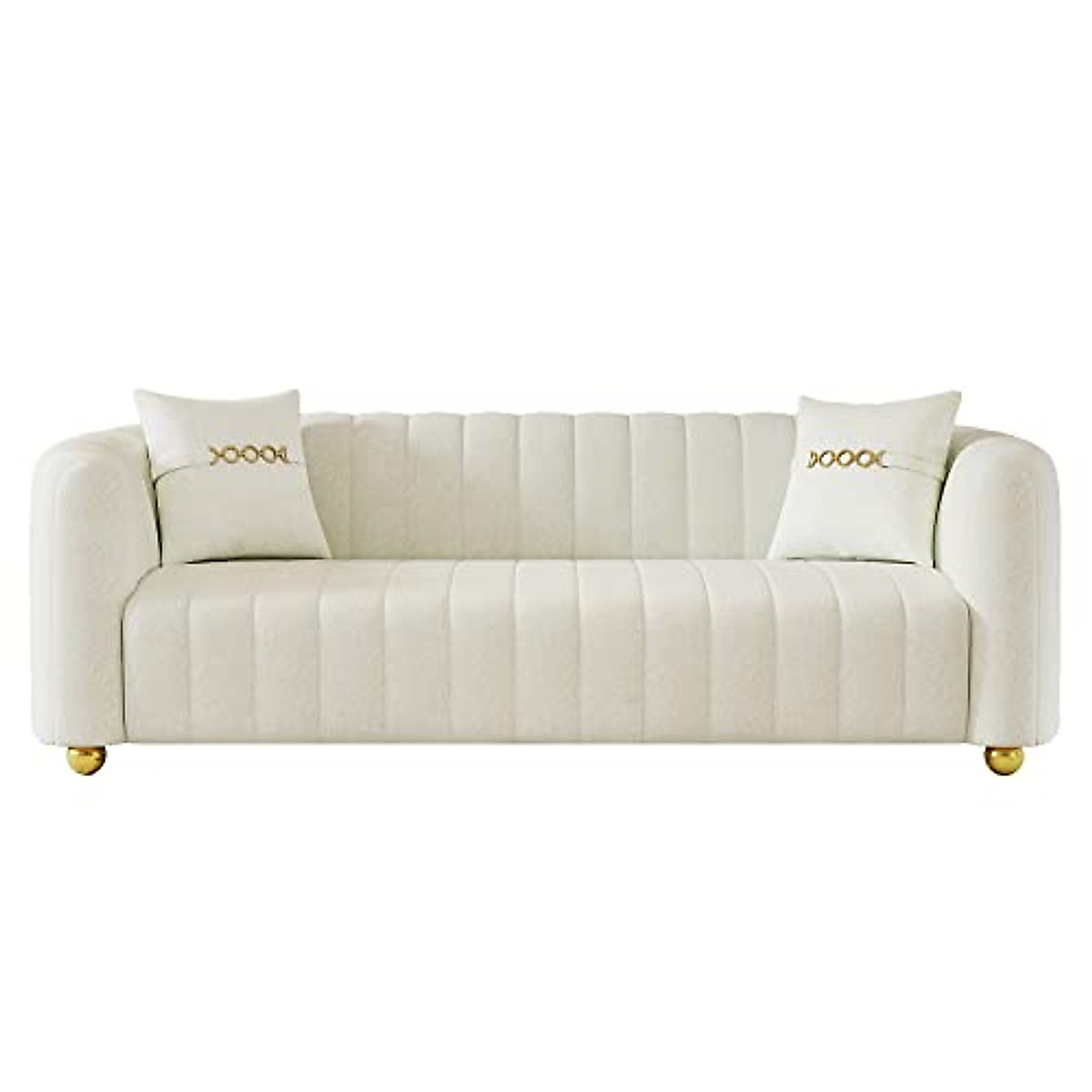 yunqishi KEAI 83.46" Velvet Couch for Living Room Teddy Large Modern Sofa with Gold Metal Sphere Legs Office Upholstered Comfy 3 Seater Couches Cute Sherpa Bedroom Furniture (Teddy Cream White)