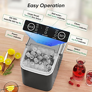 ANTONIA Countertop Ice Maker, Nugget Portable Ice Machine, 9 Bullet Ice Cubes in 6 Mins, 26.5lbs in 24Hrs Self-Cleaning with Handle, Basket, Scoop for Home, Kitchen/Party/Camping/RV. - Black