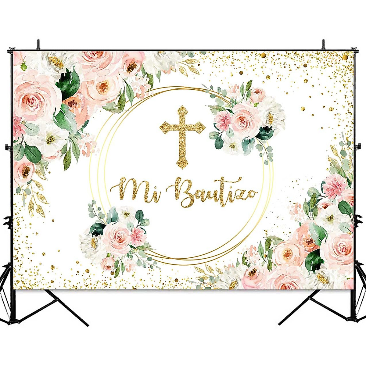 Sensfun Mi Bautizo Backdrop Gold Bless Spanish Baptism Girl First Holy Communion Party Decorations Pink Floral Gold Glitter Background Christening Newborn Photo Studio Booth Props 7x5ft