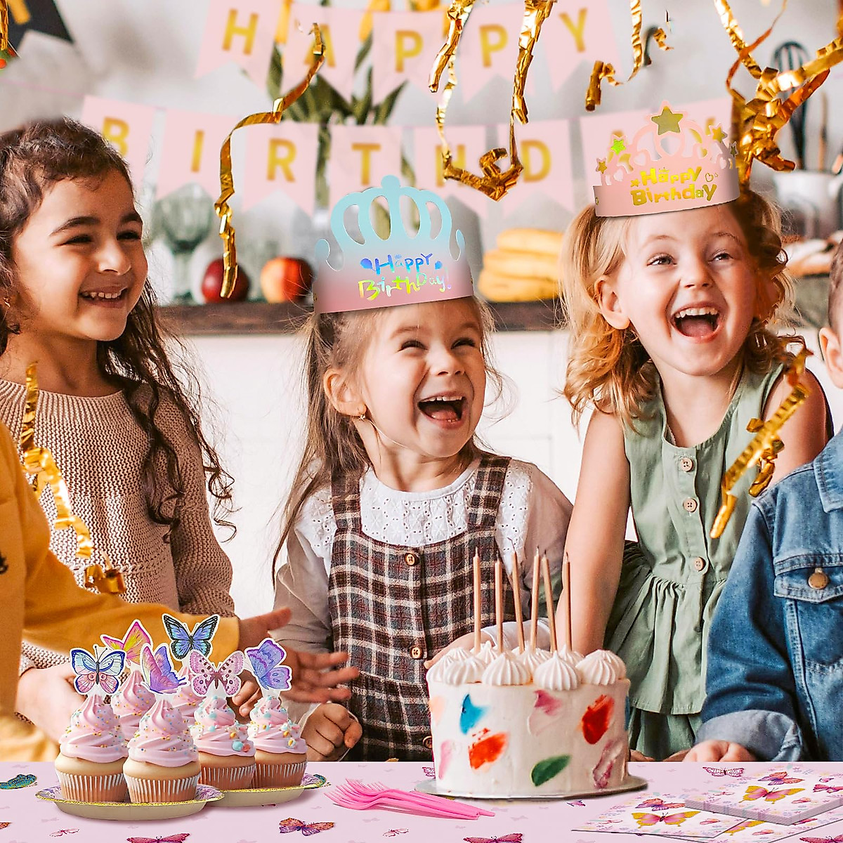 Butterfly Birthday Decorations Tableware Set,192 PCS Butterfly Birthday Party Supplies Serves 24 with Plates Napkins Tablecloth Cupcake Toppers and Banner for Butterfly Girl Birthday Party Decorations