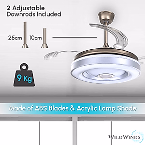 WildWinds 42" Retractable Ceiling Fan With Bluetooth Music Player Speakers | 3 Dimmable LED Lights With Adjustable Speed & Remote Voice Control | Perfect For Bedroom, Living Room & Kitchen