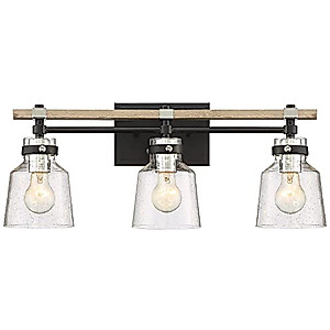 Possini Euro Design Broadway Modern Industrial Wall Light Black Painted Faux Wood Hardwired 23" 3-Light Fixture Clear Seedy Glass Shade for Bedroom Bedside Bathroom Vanity Living Room Hallway House