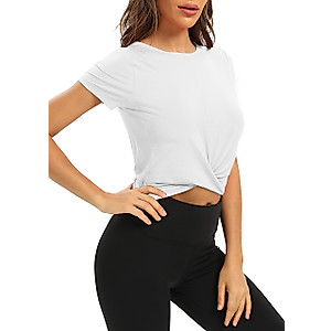 Bestisun Workout Front Cross Crop Tops for Women Short Sleeve Dance Running Cropped Shirt Gym Yoga Workout Crop Tops for Women White M