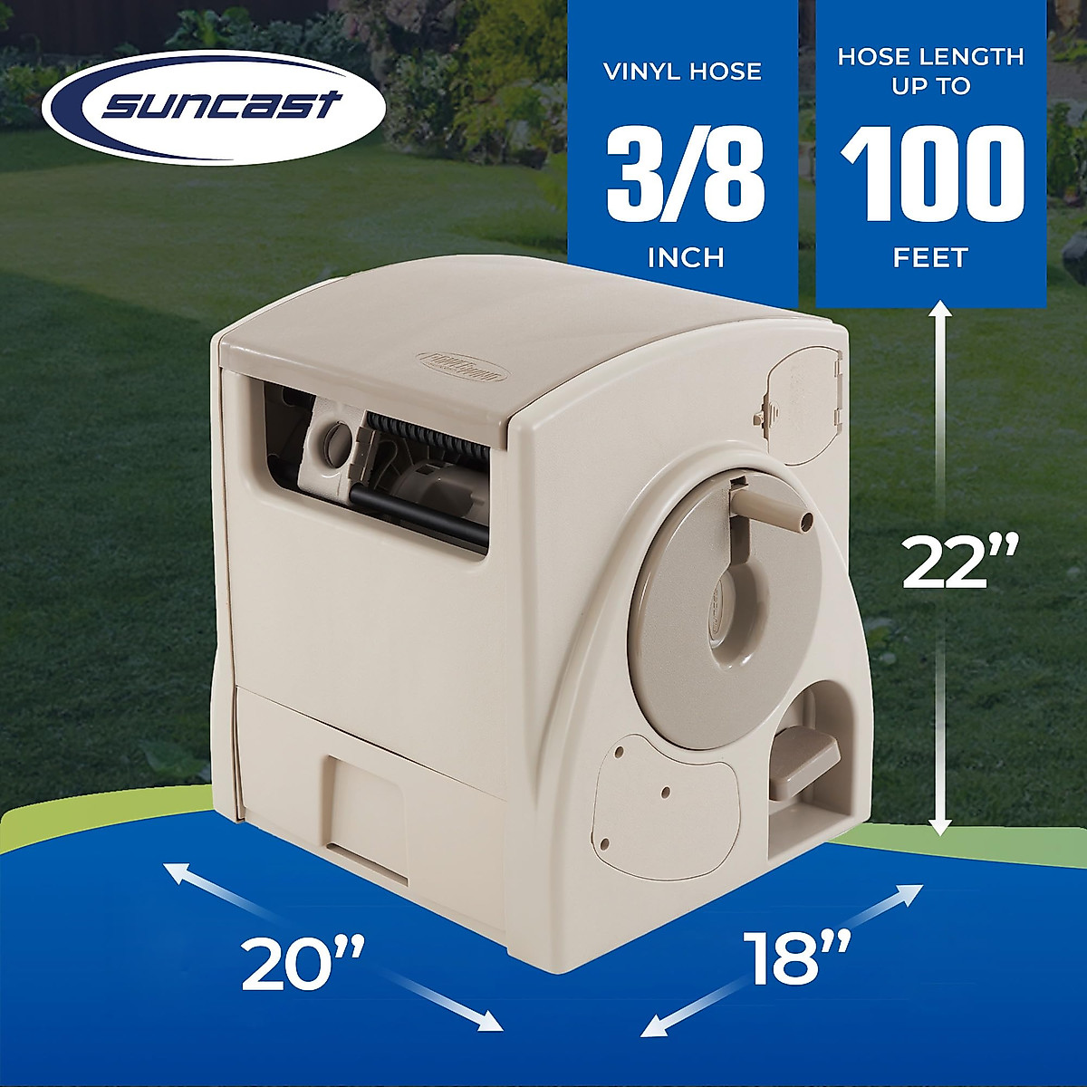 Suncast Automatic Rewind Garden Hose Reel, 100 ft. 5/8 in. Vinyl Hose Holder, Light Taupe