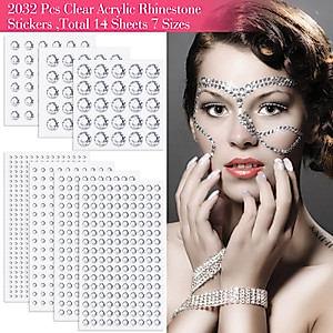 2032 Pieces Self Adhesive Face Gems Stick on, Cridoz Hair Gems Rhinestones Stickers Bling Jewels for Makeup, Crafts, Home Decor Scrapbooking Embellishments, 7 Sizes 3mm/4mm/5mm/6mm/8mm/10mm/12mm