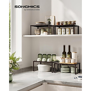 SONGMICS Cabinet Shelf Organizer, Stackable, Expandable, Set of 4 Metal Kitchen Counter Shelves, Brown UKCS06BR