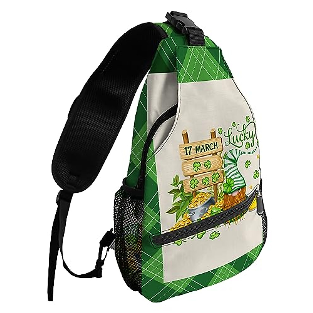 Sling Backpack, St.Patrick's Day Shamrocks Gnome Buffalo Plaid Green Waterproof Lightweight Small Sling Bag, Travel Chest Bag Crossbody Shoulder Bag Hiking Daypack for Women Men