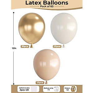 White Sand Gold Balloons,12 Inch 60pcs Beige Nude Balloons with Gold Latex Balloons,Nude Beige Cream Neutral Balloons for Graduation Birthday Boho Baby Shower Mother's Day Wedding