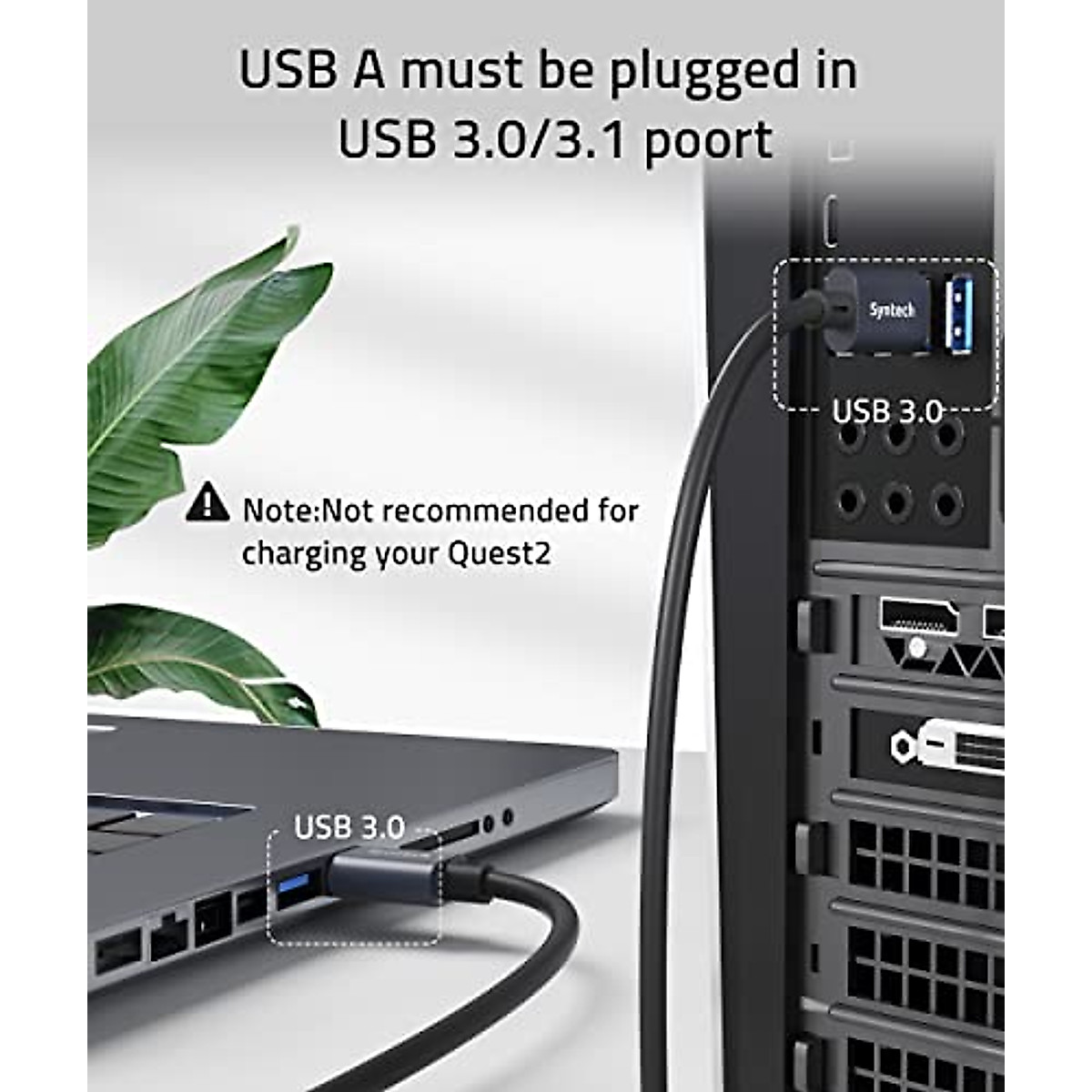 Syntech Link Cable 20 FT Compatible with Quest2/Pro/Pico4 Accessories and PC/Steam VR, High Speed PC Data Transfer, USB 3.0 to USB C Cable for VR Headset and Gaming PC, Black