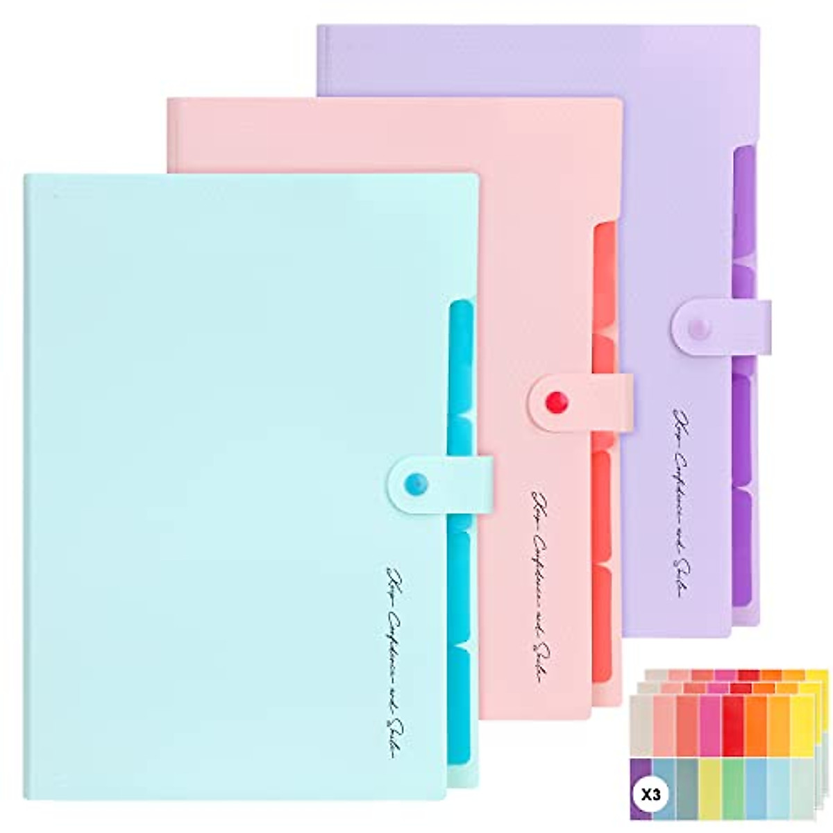 EOOUT 3pcs Expanding File Folder, A4 Letter Size Accordion Folder with 48pcs Labels in 16 Colors for School and Office Organization, 5 Pockets for School and Office Supplies