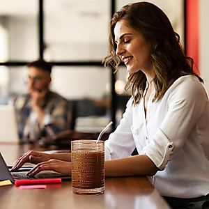 CWHHRN 15OZ Glass Cup with Lid and Straw, Vintage Embossed Glassware for Whiskey Cocktail Beer, Iced Coffee Cups with Lid, Glass Tumbler with Straw and Lid (2 PACK)
