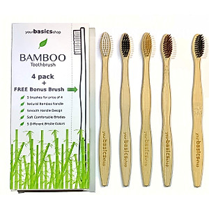 Bamboo Toothbrushes (5-pack) - Family Pack of 4 +1 Toothbrushes - Adult and Kids Toothbrush sized - Bamboo Toothbrush Soft Bristle - Natural Toothbrush - Wood Toothbrush - Better for the planet.