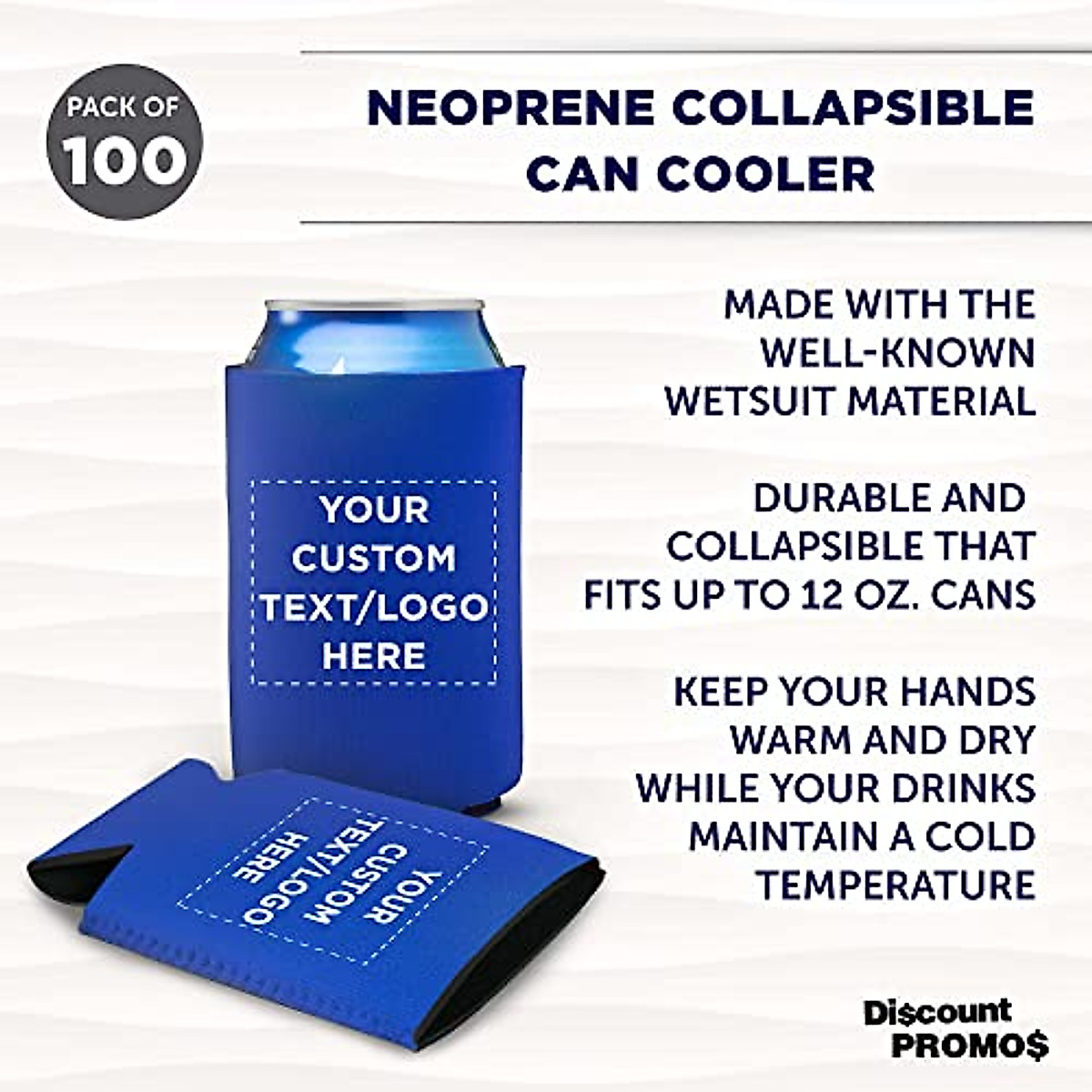 Custom Neoprene Collapsible Can Coolers 12 oz. Set of 100, Personalized Bulk Pack - Great for Beer, Soda, Other Beverages - Royal Blue