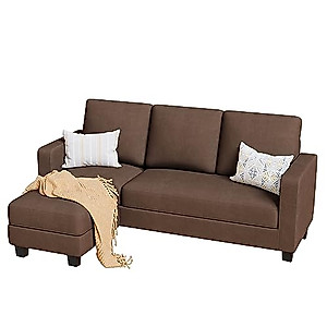 Furniwell Convertible Sectional Sofa Couch, L Shaped 3-Seat Small Couch for Living Room with Ottoman Modern Fabric Reversible Chaise for Apartment and Small Space (Brown)