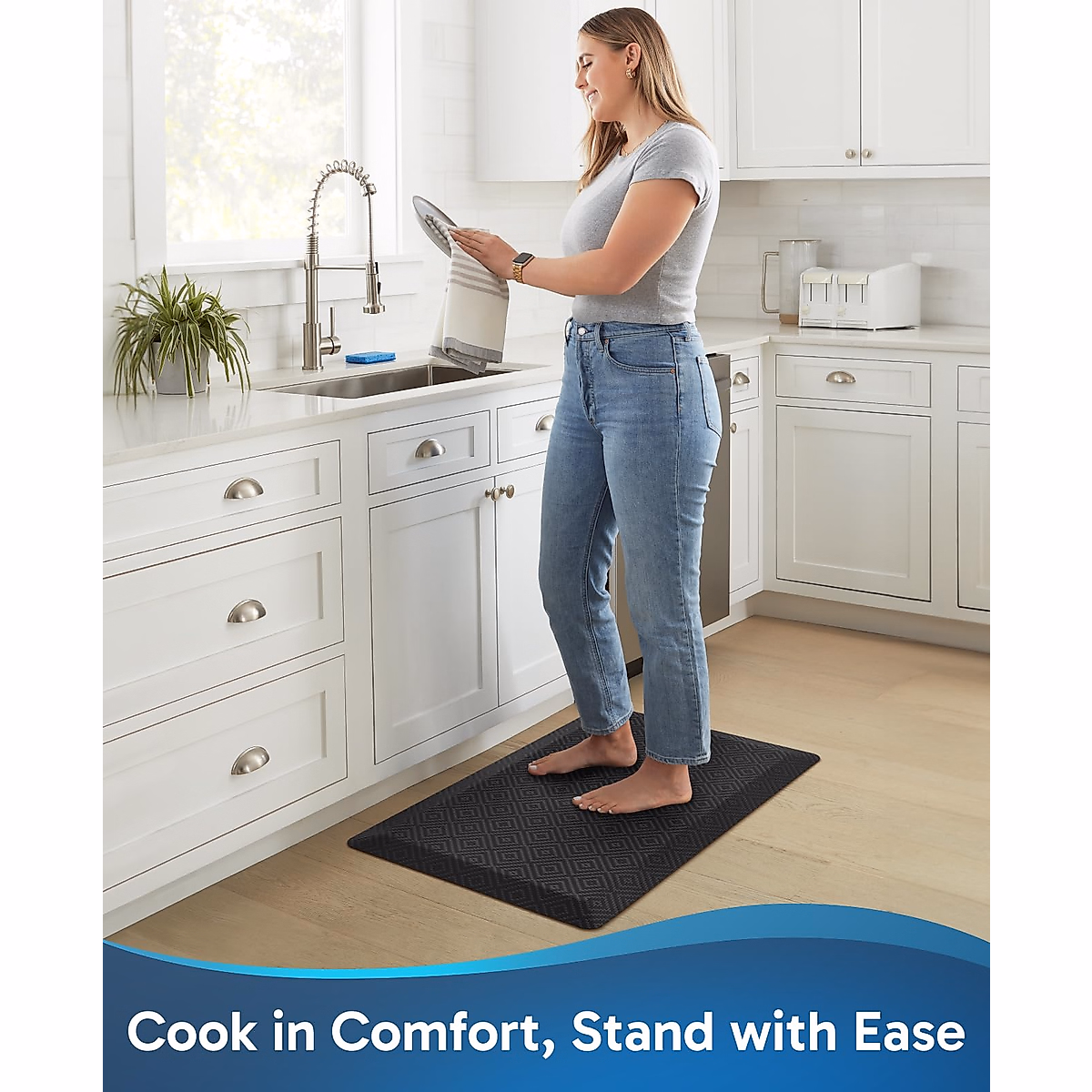 Ophanie Anti Fatigue Cushioned Mat, 9/10 inch Thick, Kitchen mats for Floor, Kitchen Rugs, Waterproof,Comfort Ergonomic Standing Mat for Office, Home, Sink, 20x32 Black Non-Slip Ridged Bottom