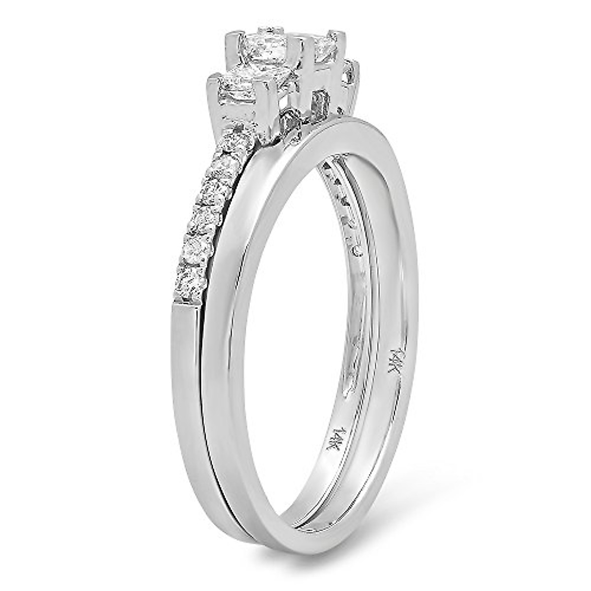 Dazzlingrock Collection 0.85 Carat (Cttw) 14K Princess & Round Diamond Women 3 Stone Engagement Ring Set, White Gold, Size 7