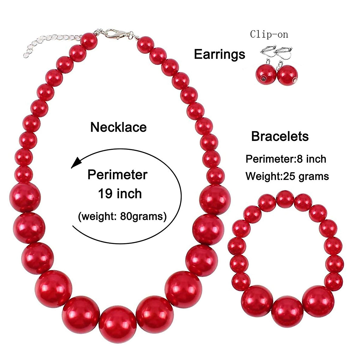 GRACE JUN Bridal Wedding Faux Pearl Statement Necklace and Clip on Earrings Bracelet Jewelry Sets Women Bib Choker Necklace (Red-Necklace+Bracelet+Clip Earrings)
