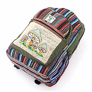 Unique Mushroom Embroidered Tie Dye Himalaya Hemp Large Hippie Backpack Festival Backpack FAIR TRADE Handmade with Love. (GREEN)