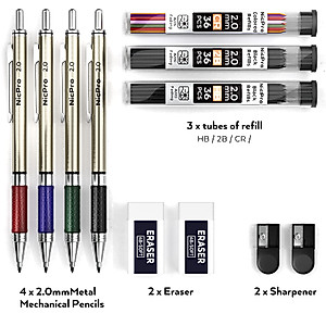 Nicpro 4 PCS Premium 2.0 mm Mechanical Pencils Set, 108 Colored & Black (HB 2B) Lead Refills, Art Metal 2mm Carpenter Pencil with 2 Erasers, 2 Sharpeners for Drafting Sketching Drawing with Case