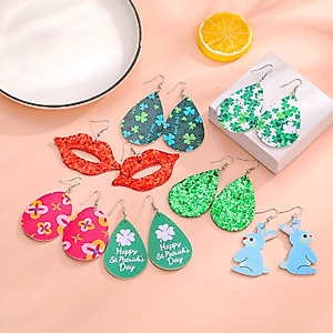 25 Pairs St Patrick's Day Easter Faux Leather Earrings Bulk for Women Teardrop Clover Green Hat Easter Eggs Bunny Earrings Dangle Earrings Set for Teen Women Valentine’s Day,Mothers Day Gifts