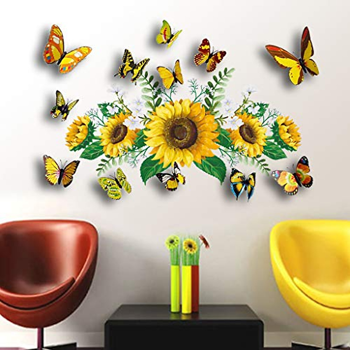 Sunflowers Wall Decal with 12 PCS 3D Colorful Butterfly Wall Stickers for Nursery Bedroom Bathroom Kitchen, Removable Yellow Flower Mural DIY Wall Art Decor Home Decorations for Living Room