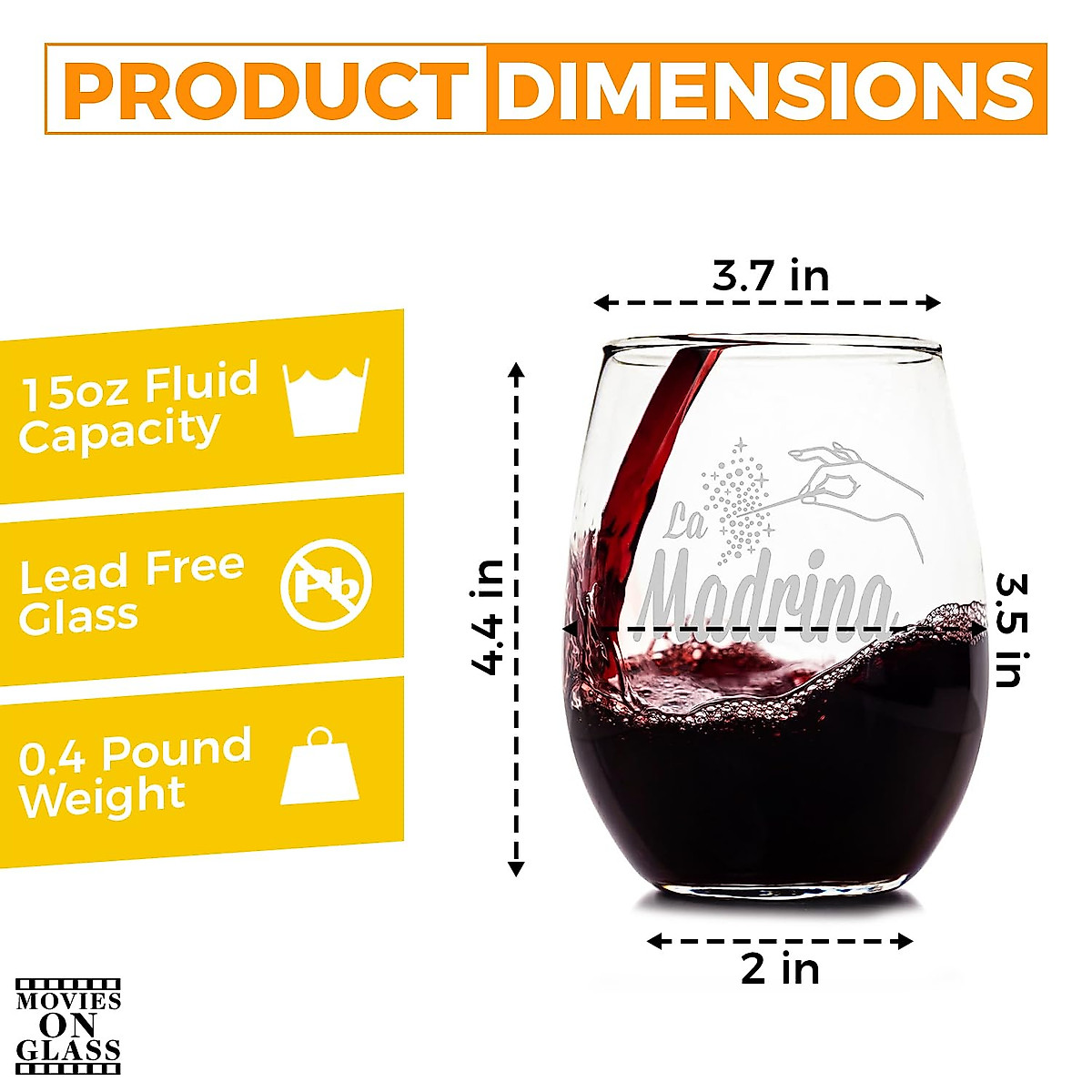 La Madrina Etched Stemless Wine Glass - Premium Quality, Handcrafted Glassware, 15 oz. - A Collectible Gift for Godparents, Birthdays, & Special Occasions