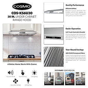 COSMO COS-KS6U30 30 in. Under Cabinet Range Hood with Digital Touch Controls, 3-Speed Fan, LED Lights and Permanent Filters, in Stainless Steel