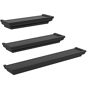Ballucci Set of 3 Crown Molding Style Floating Wall Shelves, Wooden Ledges for Living Room, Bedroom, Bathroom, Kitchen, Office; 24, 16, 12" - Black