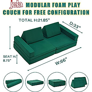 jela Kids Couch Extended Size 8PCS for Family, Floor Sofa Couch Modular Funiture for Kids Adults, Playhouse Play Set for Toddlers Babies, Modular Foam Play Couch Indoor 66" x 33" x 22" Green