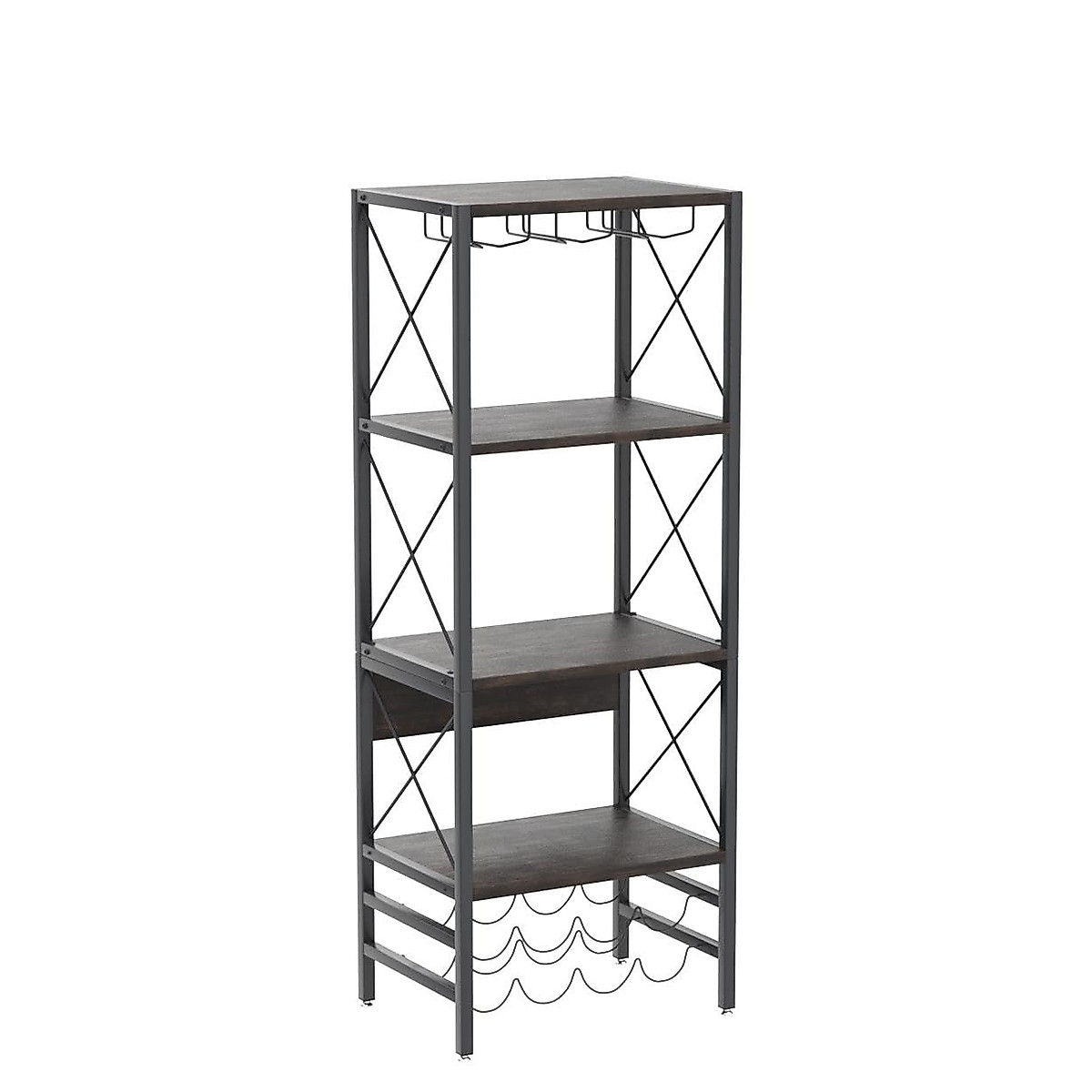 Tribesigns Wine Bakers Rack, 4-Tier Industrial Wine Rack freestanding Floor with Glass Holder and Wine Storage, Wine Bar Cabinet with Storage for Home Kitchen Dining Room, Rustic Brown