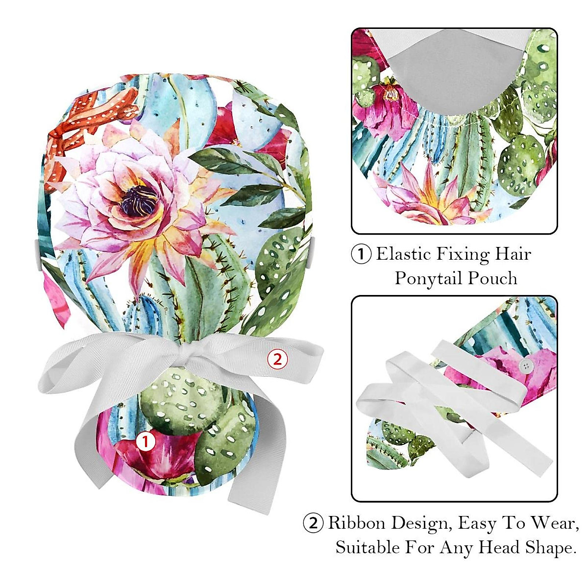 LIFH Ink Paint Cactus Red Rose Flowers Scrub Caps Women, 2 Packs Working Cap with Ponytail Holder, Adjustable Elastic Bandage Tie Back Hats, Medium-3X-Large