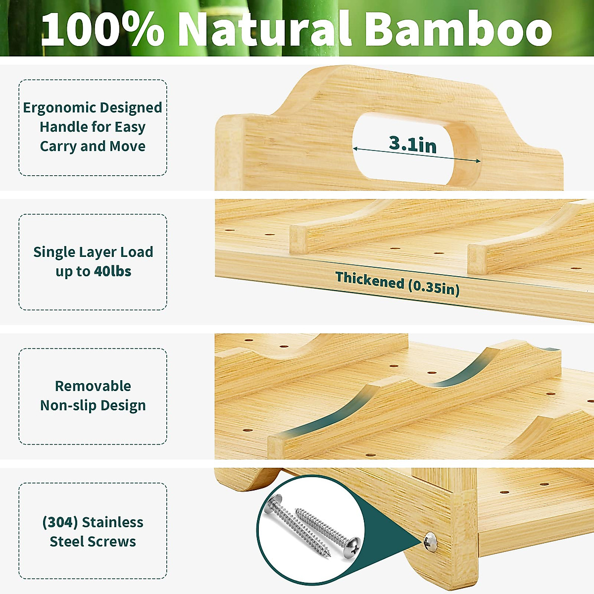 KOK KAY Water Bottle Organizer, Stackable Bamboo Water Bottle Holder, 20 Freestanding Wine Rack Storage - 4-Layer Adjustable Water Bottles Storage Organizer Rack