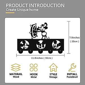 Mickey Door Hooks,Disney Mickey Mouse Cartoon Animation Coat Hooks,Key Holder,Key Hanger for Wall、Entryway and Living Room -Unigue Gift-5 Hooks-20LB(Max)