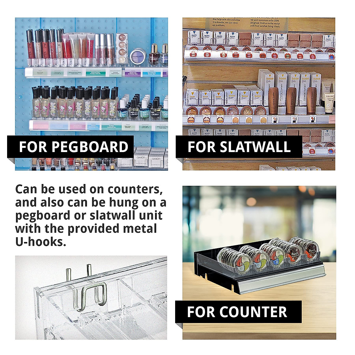 Azar Displays 225830-TALL-BLK Adjustable Tall Divider Bin Cosmetic Tray with Pushers - Customize Slot Size to Product, Black 2-Pack