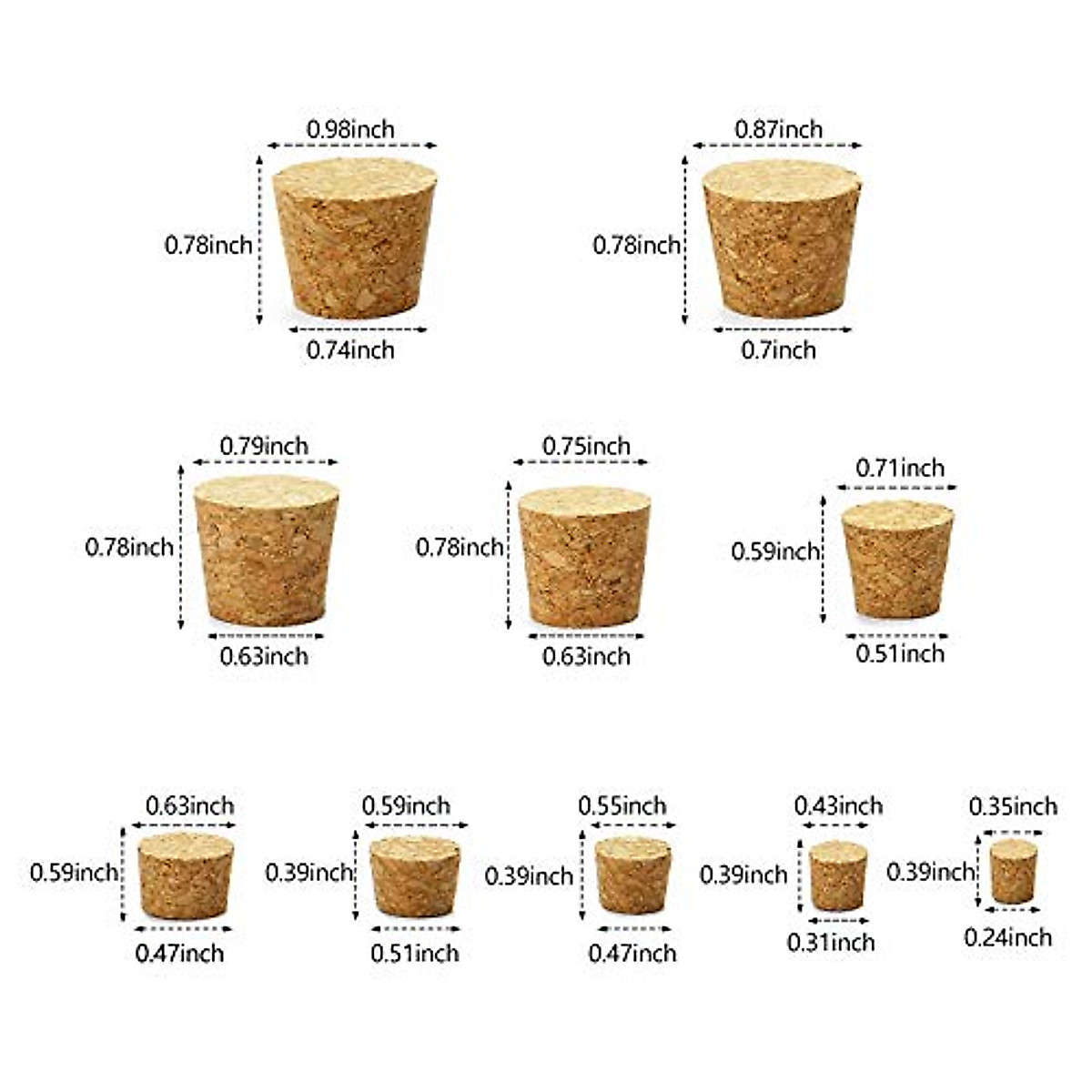 100 Pack Cork Stoppers Wine Bottle Cork Stoppers Wooden Tapered Cork Plugs Replacement Assorted Corks for Wine Beer Bottle Crafts, 10 Sizes