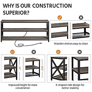 Yaheetech Industrial TV Stand with 3-Tier Storage Shelves, 55" TV Cabinet with Power Outlets for Living Room, Media Entertainment Center TV Console with Charging Station, Metal Frame, Taupe Wood
