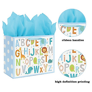 13" Large Baby Boy Gift Bag with Tissue Paper and Greeting Card for Baby Shower Birthday (ABC Alphabet Animal)