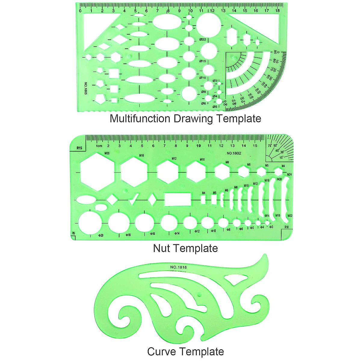 11PCS Geometric Drawings Templates, Drafting Stencils Measuring Tools, BetyBedy Plastic Clear Green Ruler Shapes with a Zipper Bags for Architecture, Office, Studying, Designing and Building