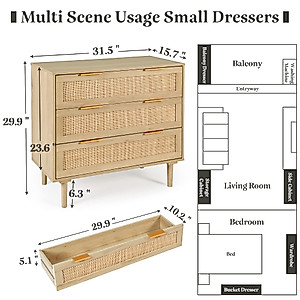 HOPUBUY 3 Drawer Dresser for Bedroom, Oak Rattan Dresser Closet Dressers Chest of Drawers, Light Wood Dresser 3 Drawer Storage Chest for Bedroom, Hallway, Living Room
